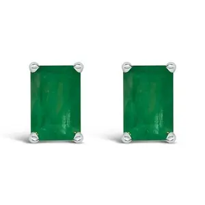 HAUS OF BRILLIANCE 14k Gold Emerald Cut Gemstone Stud Earrings - Green Emerald | White